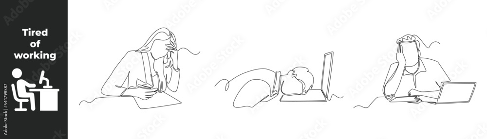 Continuous one line drawing fatigue set concept at work. Tired male ...