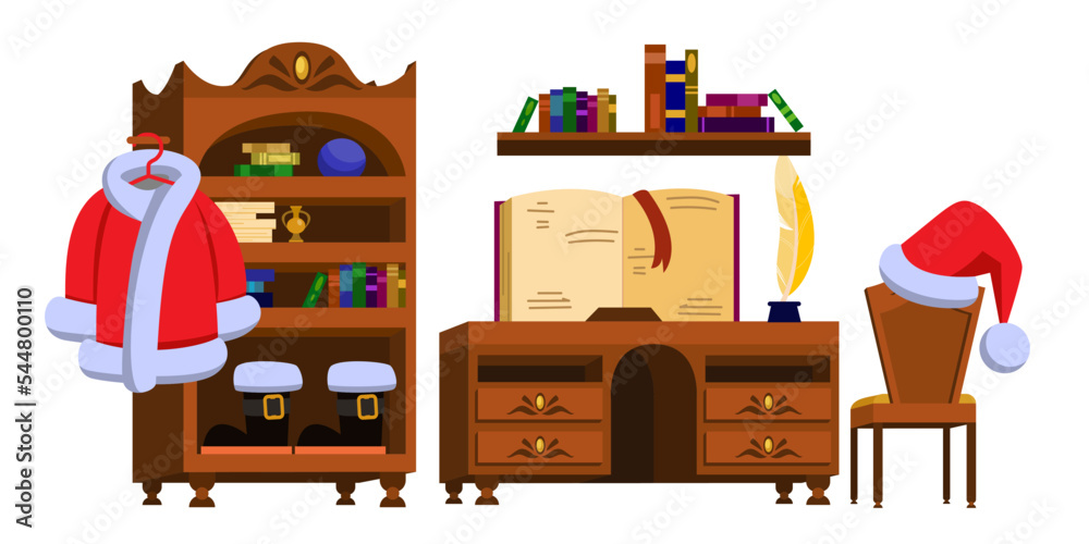 Santa Claus office vector set. Cartoon illustrations of Santa workplace ...