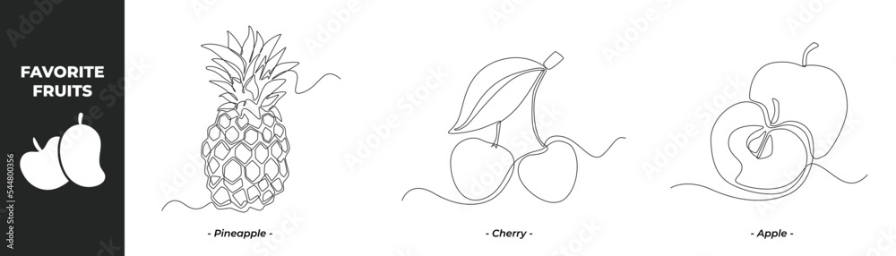 Single one line drawing Fruits set concept. Pineapple, Cherry and apple ...