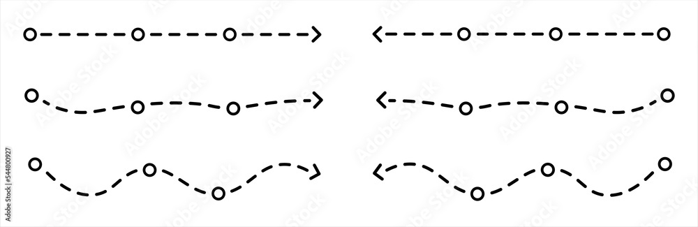 Black dotted line path with black location pin pointers. Start and end journey symbol. Travel ...