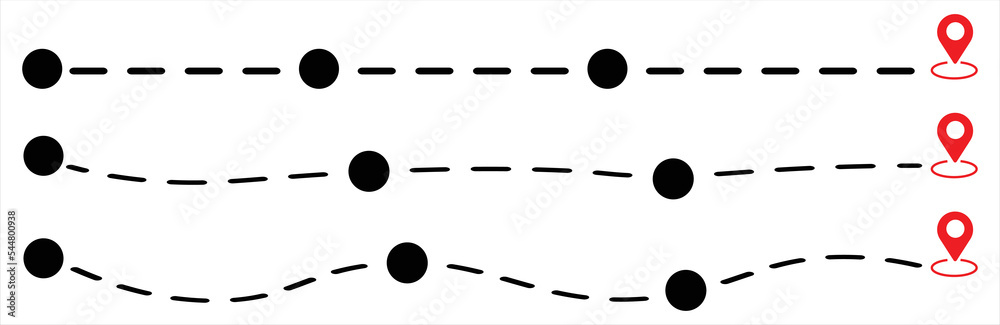 Black dotted line path with red location pin pointers. Start and end journey symbol. Travel path ...