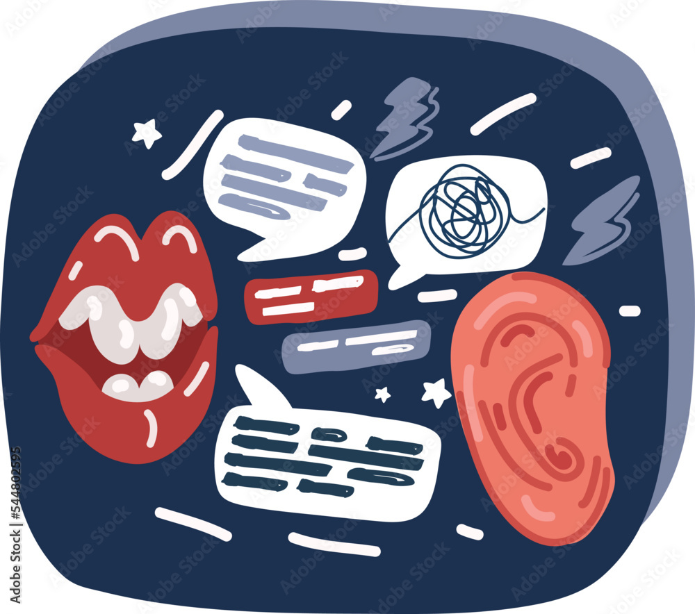 Cartoon vector illustration of Rumor and gossip. Ear and mouth Stock ...