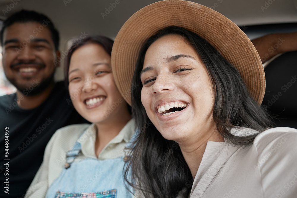 Happy, selfie and portrait of friends in a car driving to vacation ...