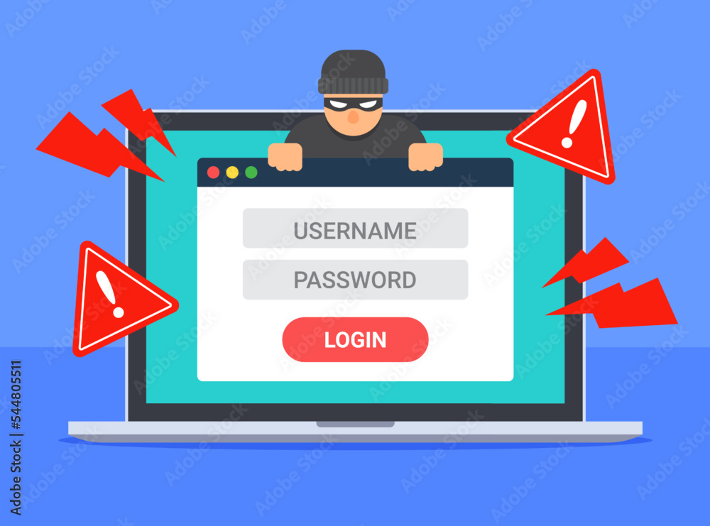 Fake login window browser with hacker on laptop screen. Technology threat concept of data ...