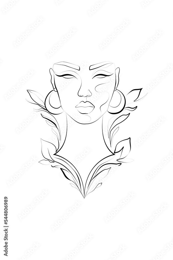 Line Drawing Woman Face Prints Bohemian Flowers Wall Art Decor