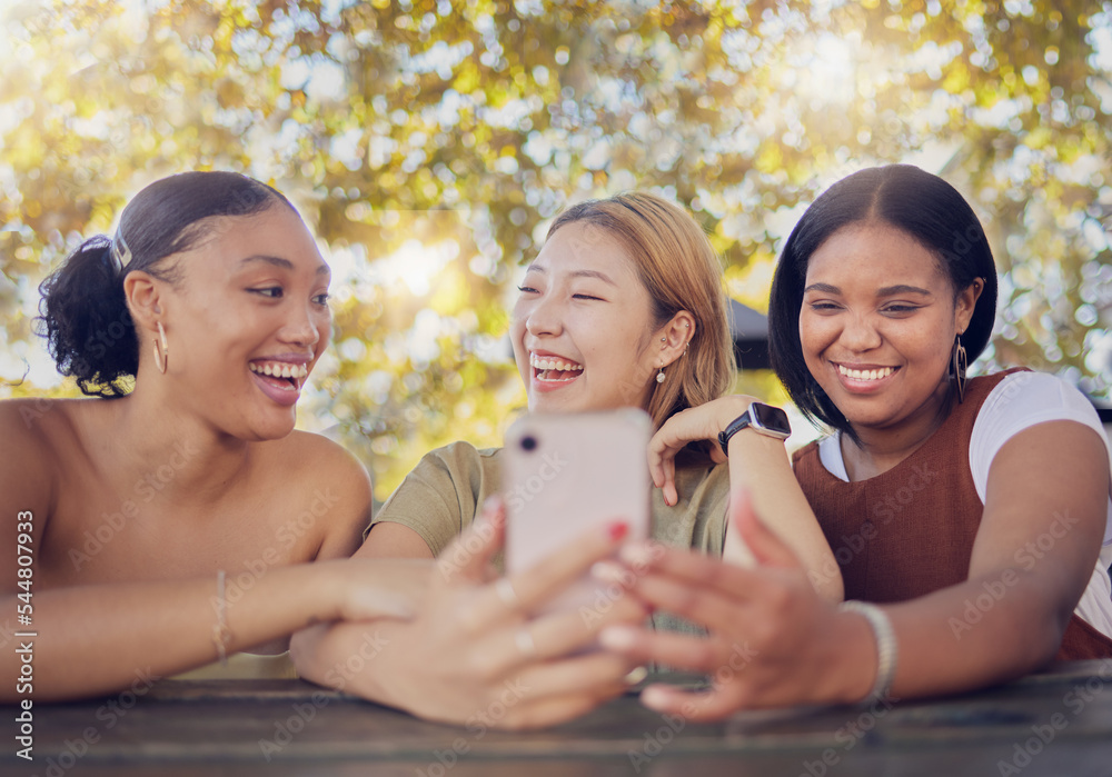Phone, friends and social media with a woman group typing a text ...