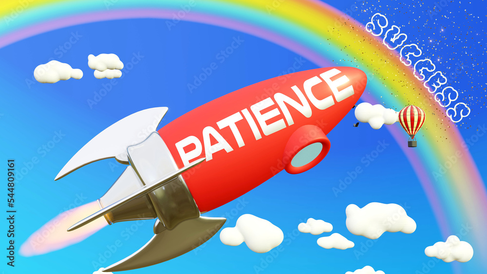 Patience lead to achieving success in business and life. Cartoon rocket ...