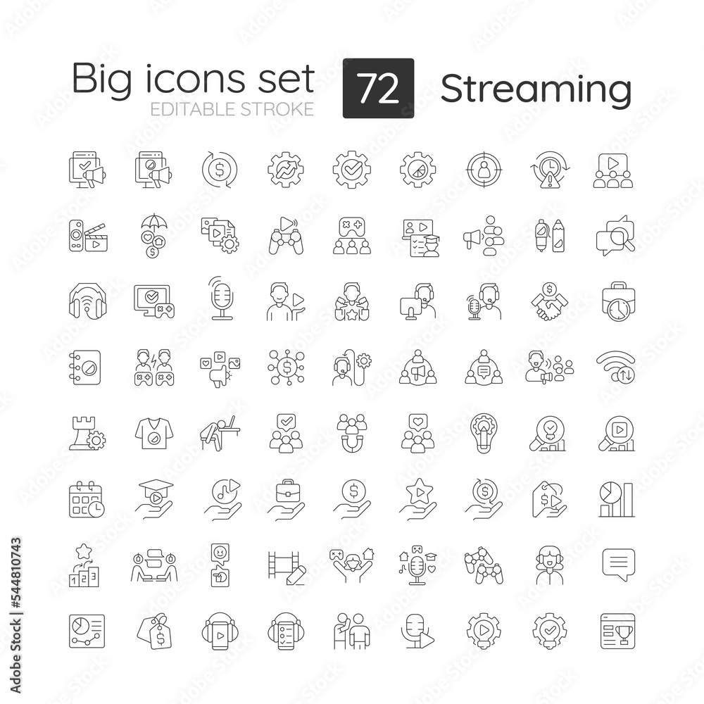 Live streaming linear big icons set. Professional online streamer ...