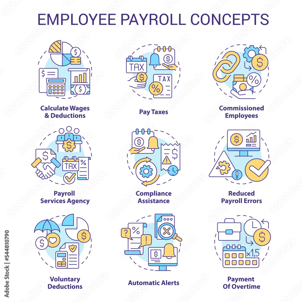 Employee payroll concept icons set. Worker salary for job. Compensation ...