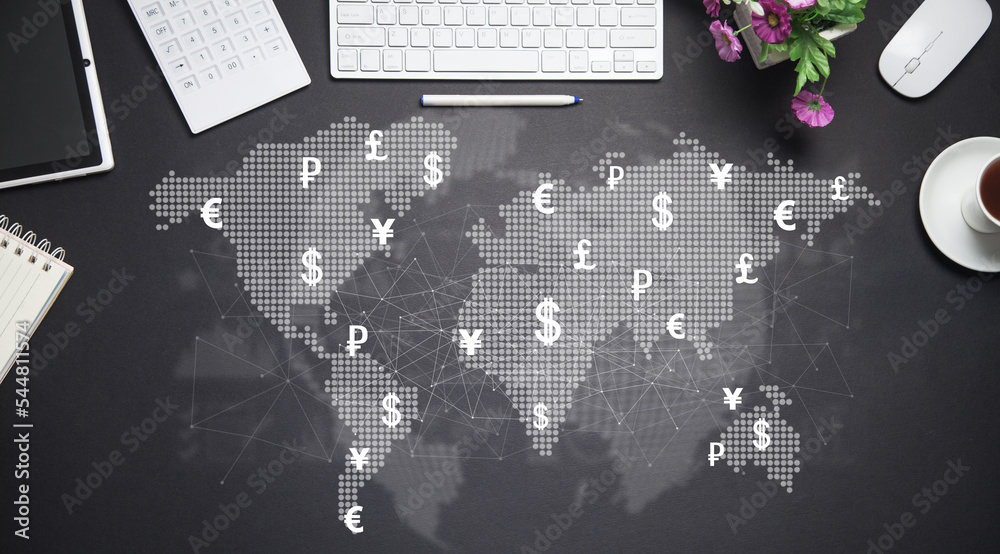 World map with a currency symbols, network and business objects. World ...