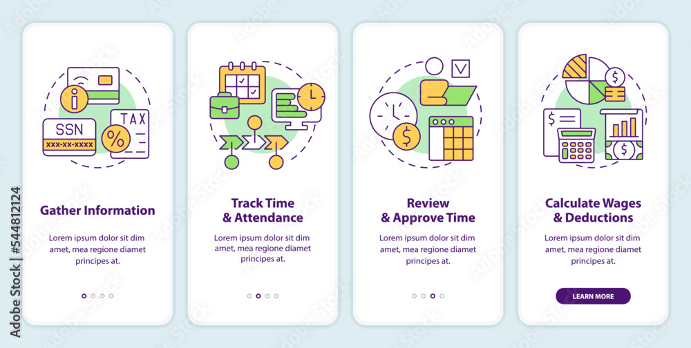 Payroll processing stages onboarding mobile app screen. Wage ...