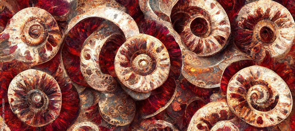 Elaborate and unique calcified maroon ammonite sea shell spirals ...