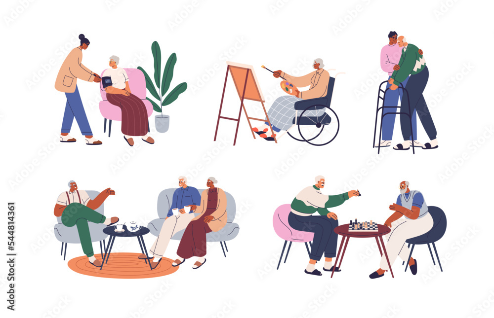 Old people at leisure set. Carers help, care about elderly in ...