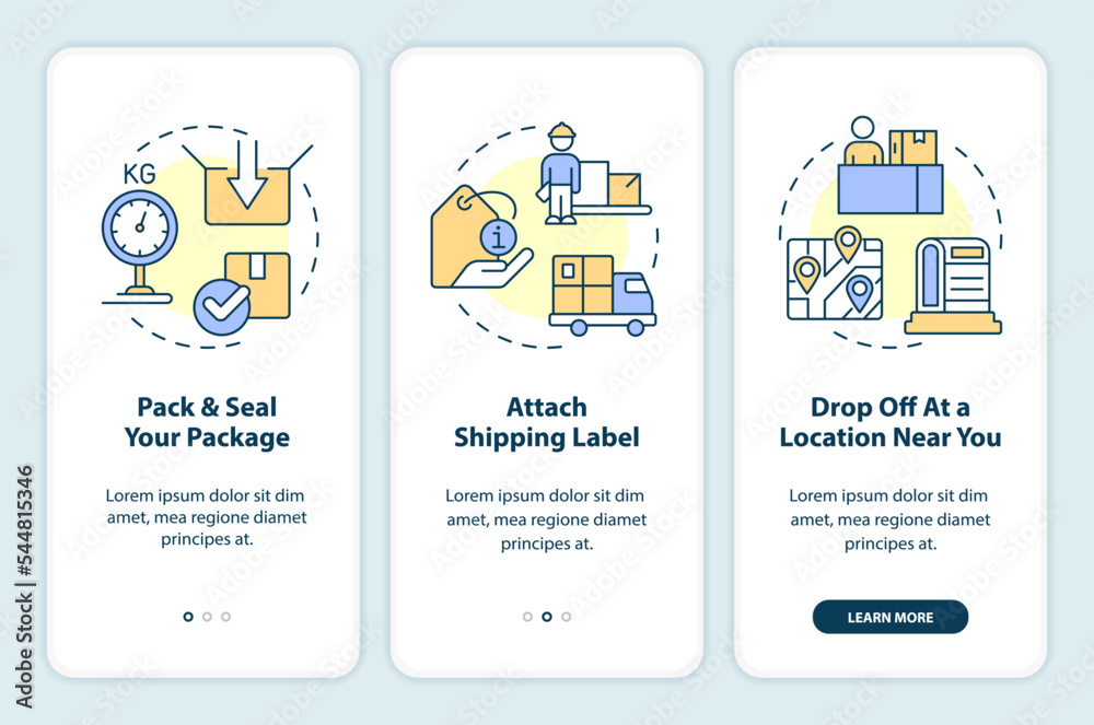 Sending parcel guide for clients onboarding mobile app screen. Packing ...
