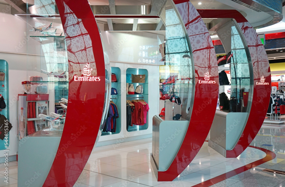 DUBAI, UAE - November 14, 2019: Facade of Emirates Airways branded own ...