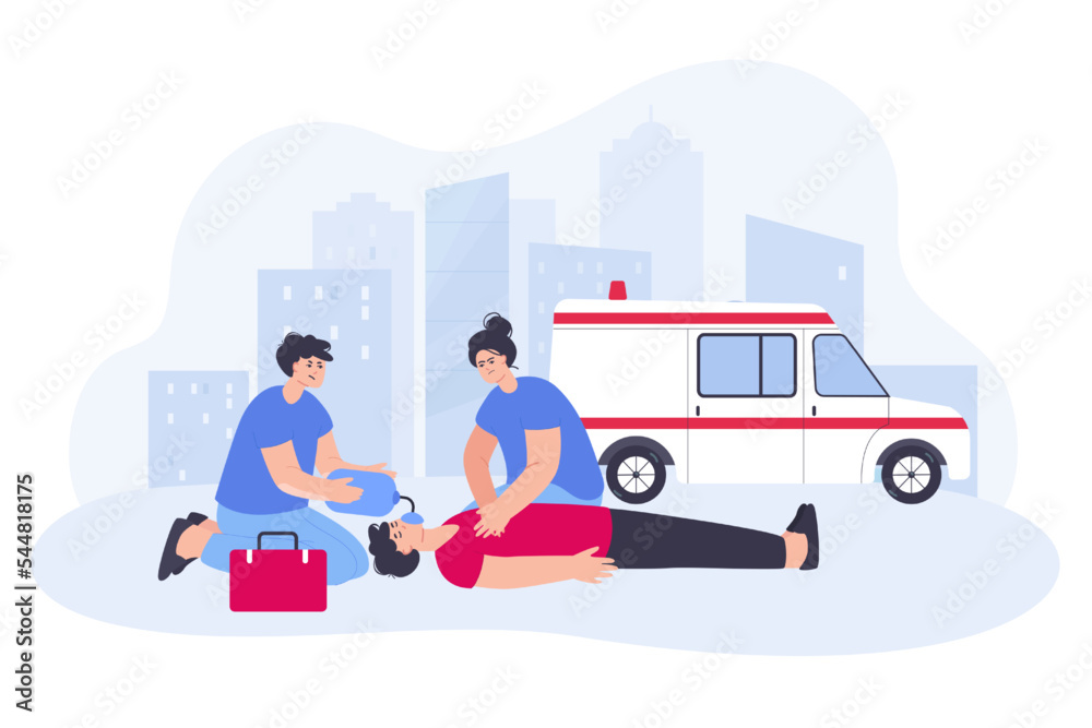 Resuscitation aid to unconscious patient from emergency team. Man and woman in uniform rescuing ...