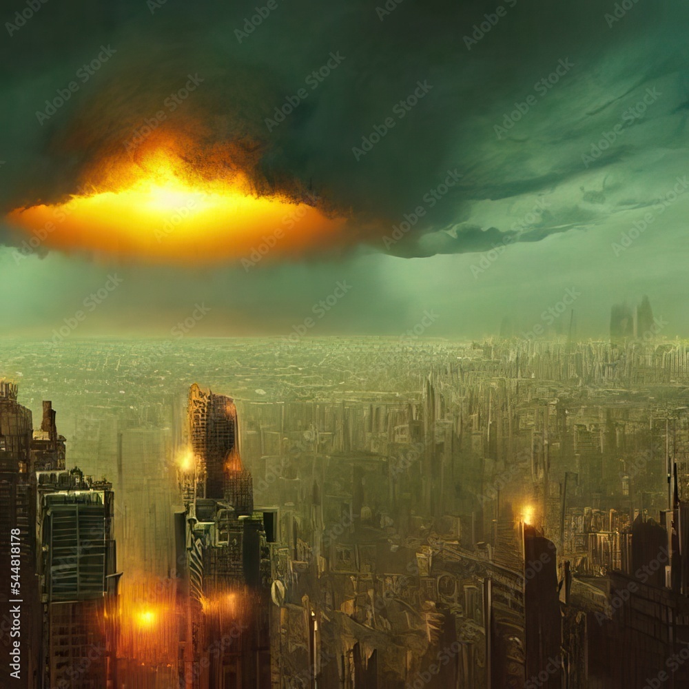 Explosion of a nuclear bomb over a big city, metropolis - a mushroom ...