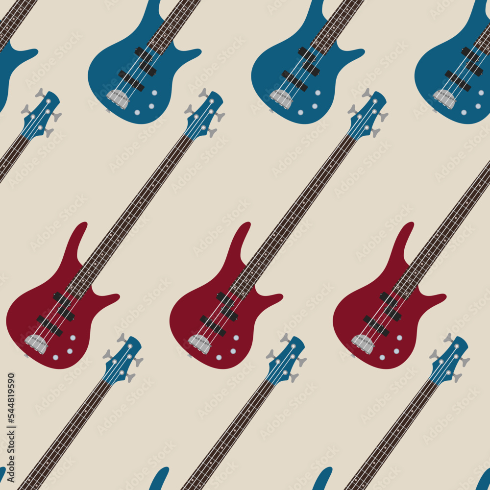 Seamless vector pattern with bass guitars. Color background with ...