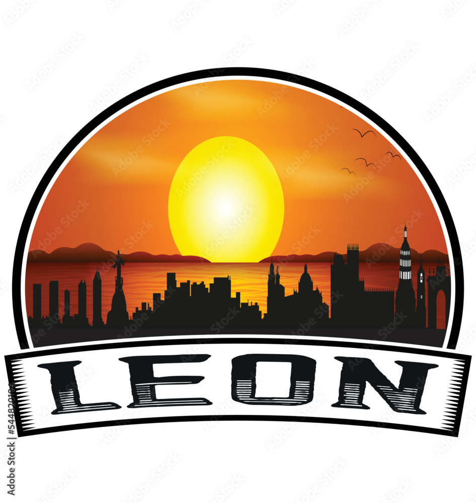 Leon Mexico Skyline Sunset Travel Souvenir Sticker Logo Badge Stamp ...