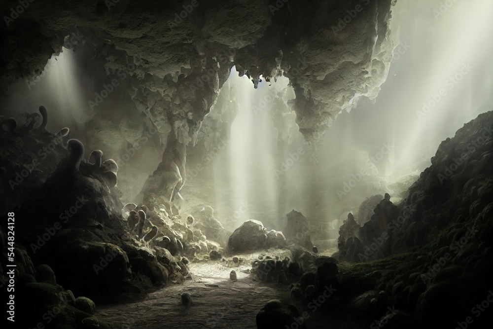 Ancient huge fantasy cave filled with ancient mushrooms and magical fog ...