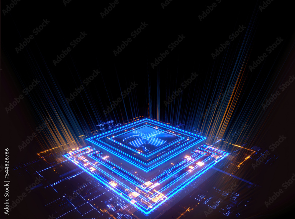 3D rendering of cyberpunk AI. Circuit board. Technology background ...