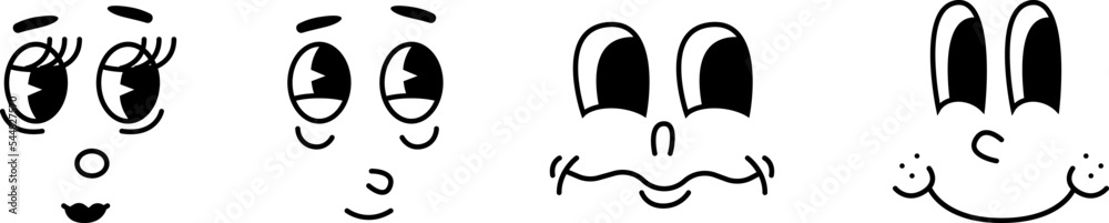 Retro 30s cartoon character faces. Old comic vintage style . Doodle set ...