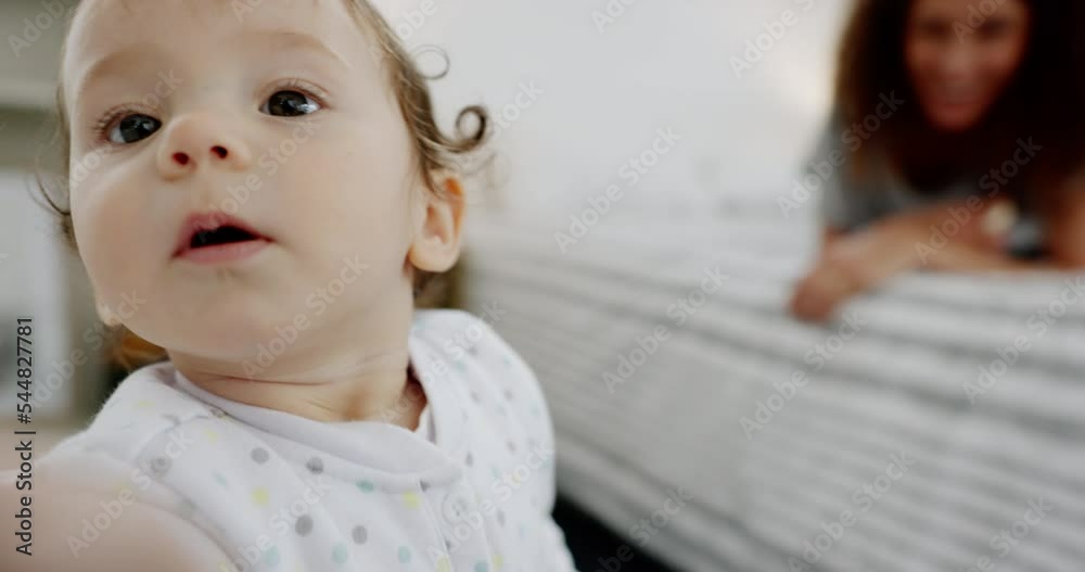 POV of baby taking selfie with mom in family home, bedroom and relax ...