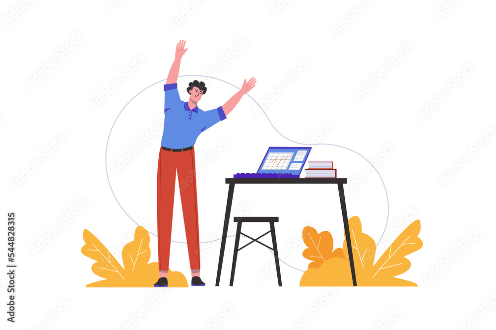 Man does warm-up at workplace in office. Employee doing exercises while ...