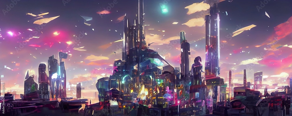 Sci-Fi cityscape with crystal elements. Futuristic city scene panorama ...