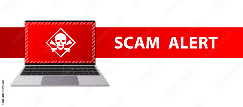 Banner with red scam alert. Attention sign. Cyber security icon ...