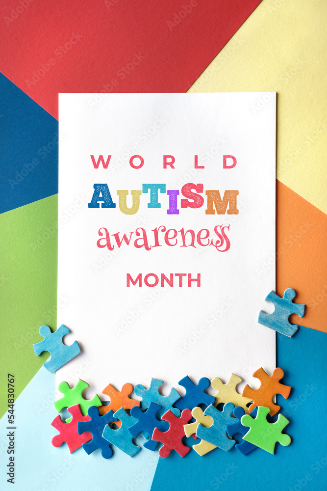 Text World Autism Awareness Month, frame with puzzle pieces. Banner ...