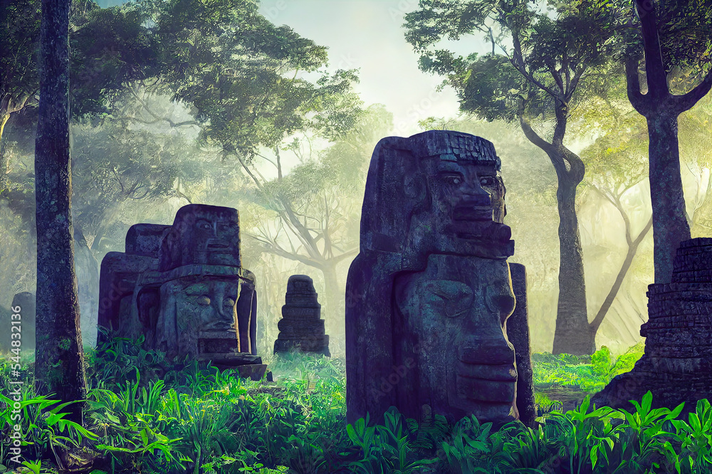 Megalithic stone sculptures in the jungle. Stone statues of an ancient ...
