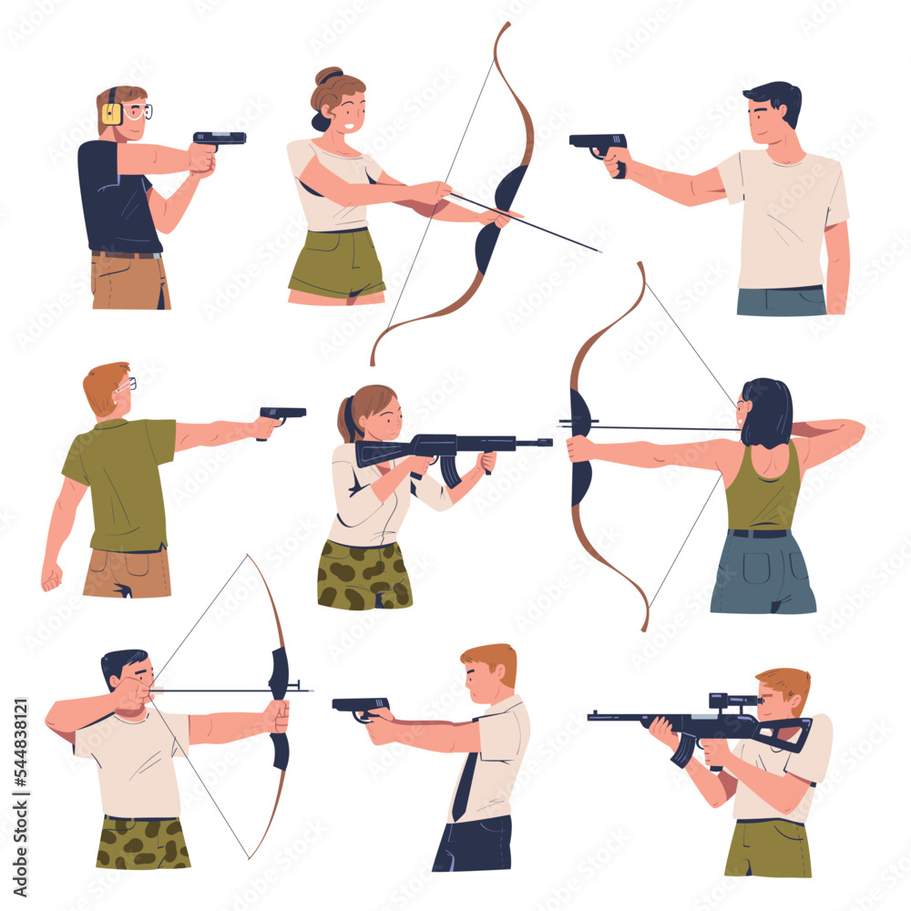 People aiming at target with different weapons set. Women and men ...