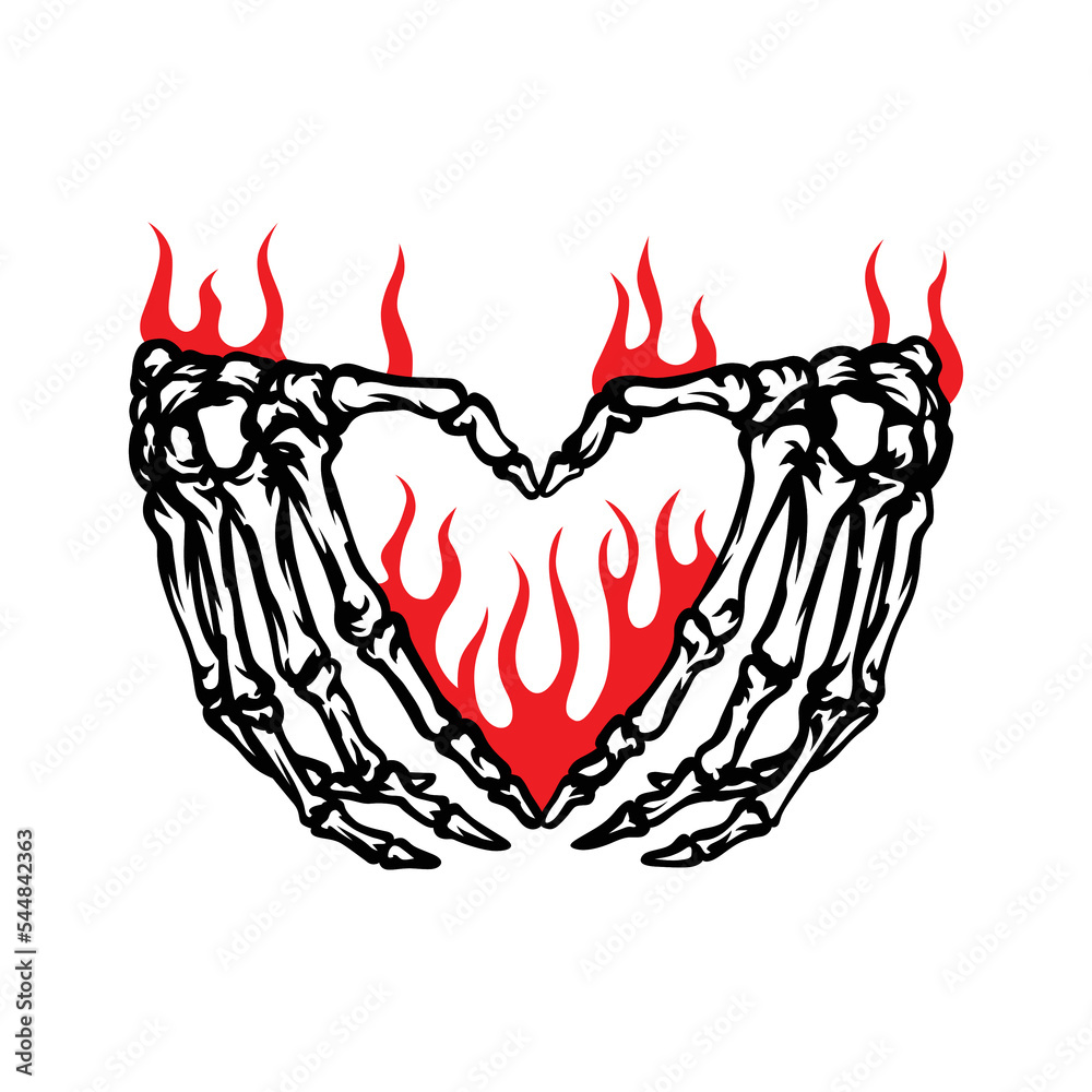 the hands of the skeleton form the heart with flame.linear black and ...