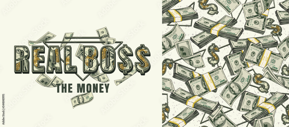 Set of money label and pattern with heap of 100 US dollar notes, dollar ...