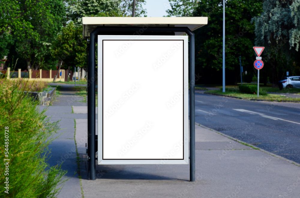 bus shelter at a busstop. blank billboard ad display. empty white ...