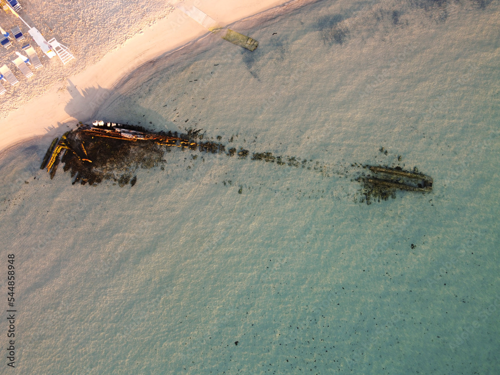Drone view of the ship's remains in the Spiaggia del Relitto "beach of ...