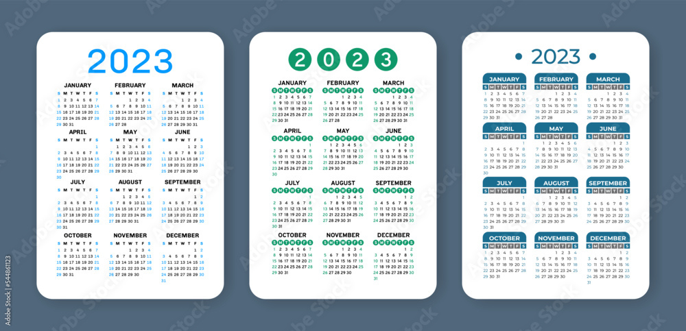Calendar 2023 year set. English vector set. Vertical wall or pocket ...