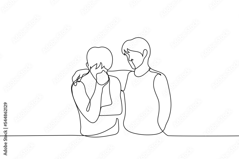 man bowed his head and is sad, and his friend comforts him by embracing ...
