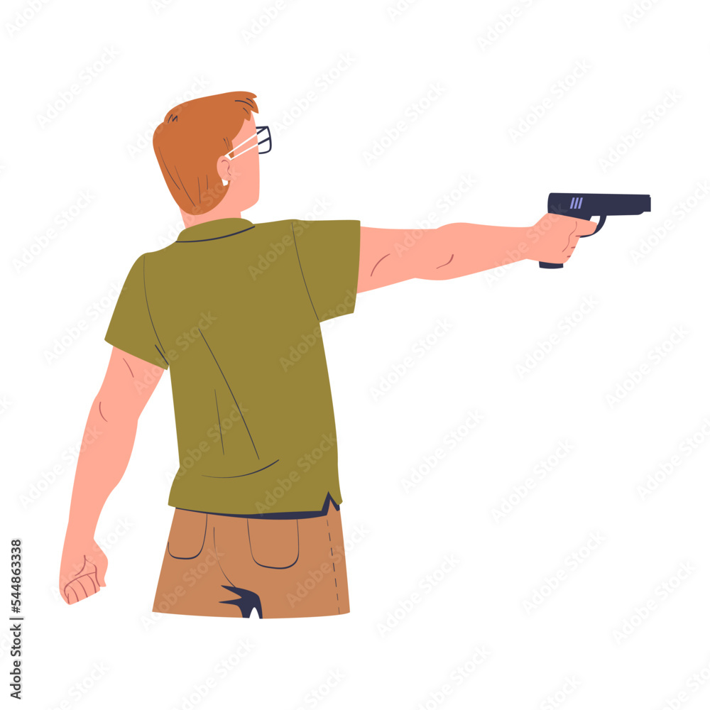 Man with gun aiming at target at shooting range, back view. Male ...