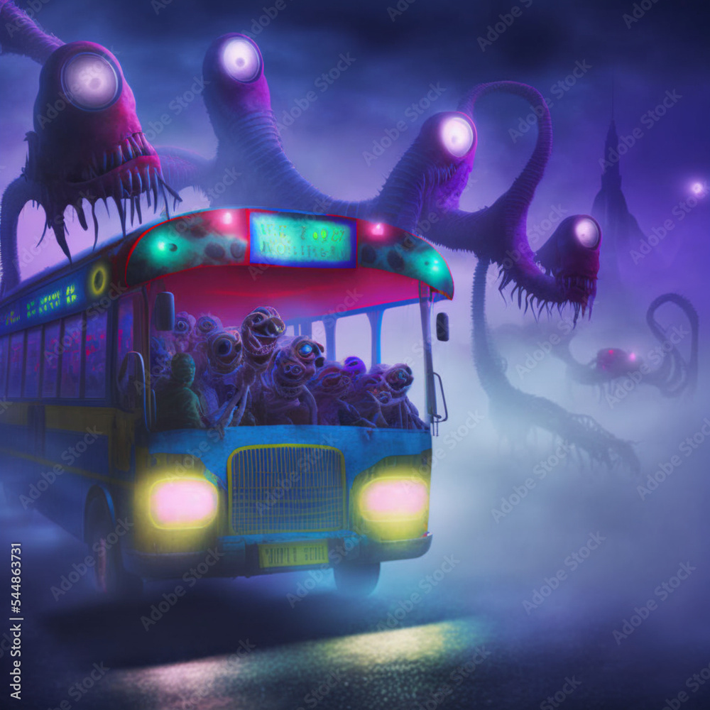 Nightmare scary monsters riding a bus. Horrible aliens at the bus stop ...