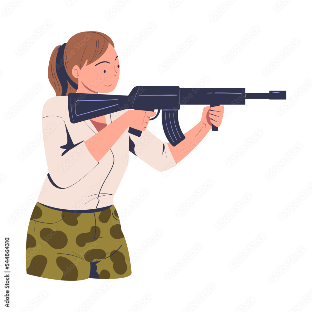 Young woman aiming at target with rifle. Woman practicing in tactical ...