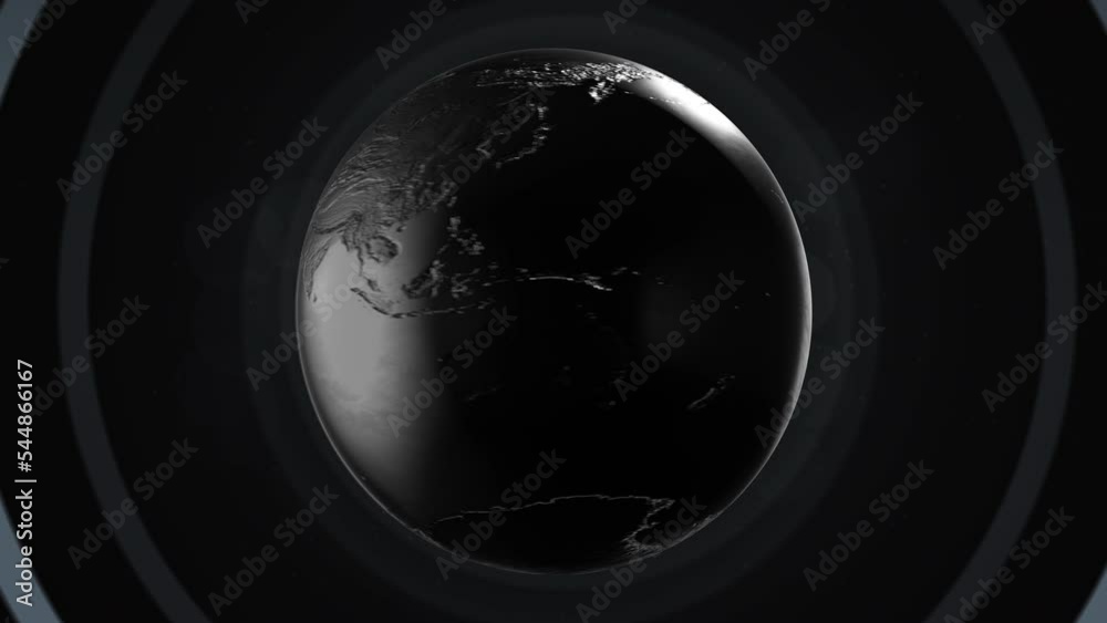 3D animation of a chrome globe rotating with circle rings. Futuristic ...