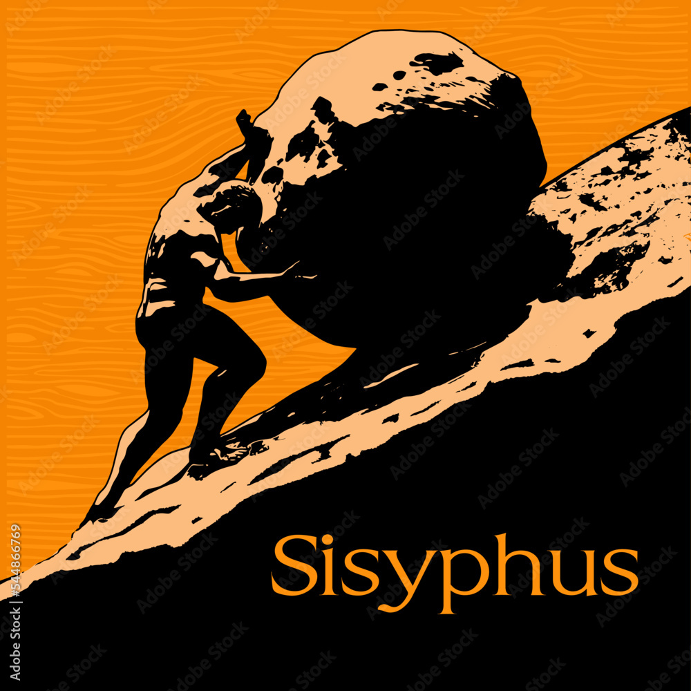 Sisyphus greek myth rolling a rock in a mountain. Guy worker strong ...