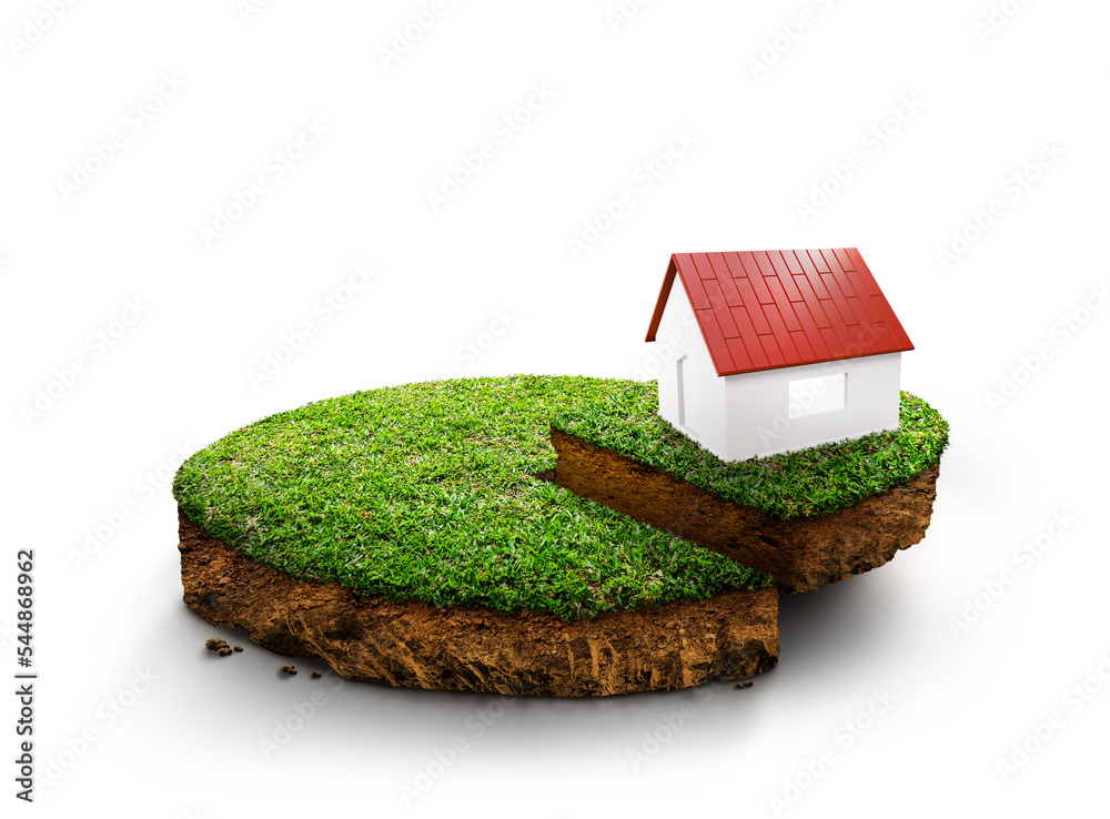 Model house in round soil ground cross section with earth land and ...