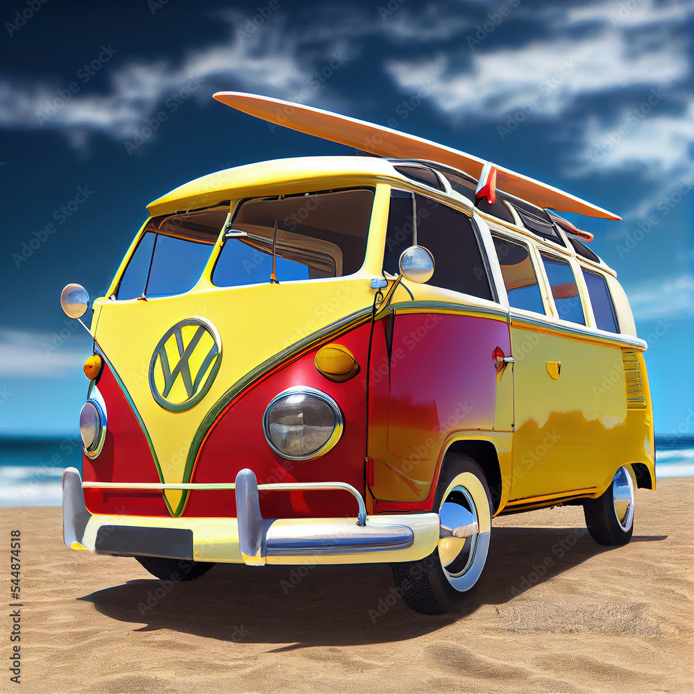 Vintage 1966 Volkswagen Bus with surfboard at the beach, front view. 3D ...