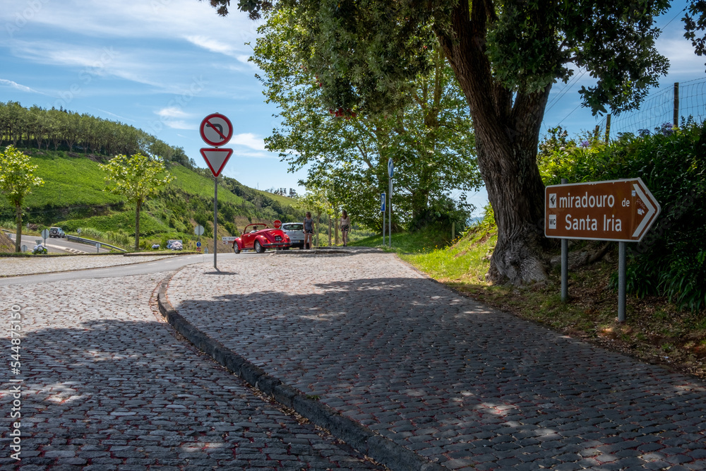 Miradouro de Santa Iria sign of the famous view point, with the ...