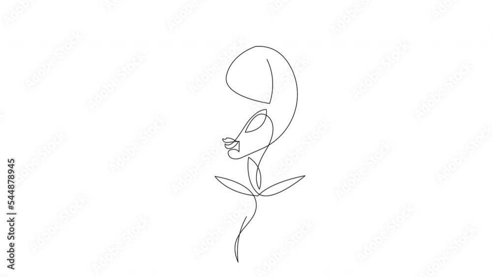Continuous line draw pretty woman face with flowers. Animated self ...