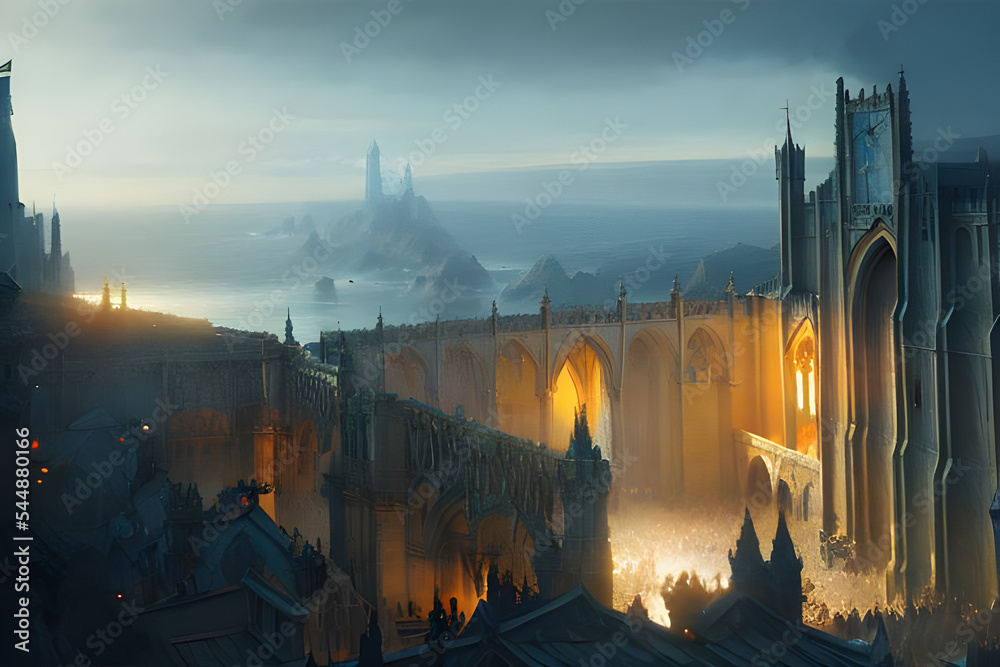 Gothic fantasy city with cathedrals, churches, towers, houses and king ...