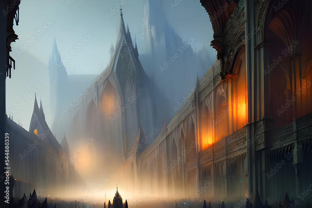 Gothic fantasy city with cathedrals, churches, towers, houses and king ...